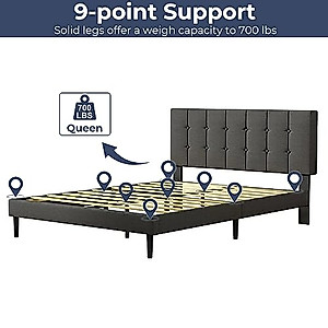 IULULU Queen Bed Frame, Upholstered Platform Bed Frame with Linen Fabric Headboard, Queen Size Mattress Foundation with Wooden Slats Support, Easy Assembly, No Box Spring Needed, Dark Grey