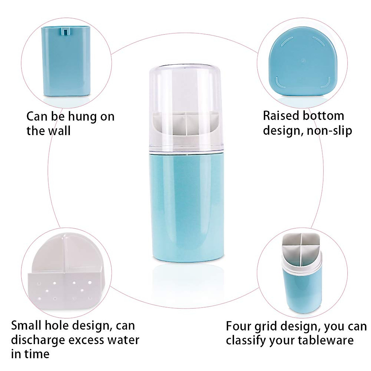 Fivtyily Kitchen Flatware Caddy Holder 4 Compartment Plastic Utensil Storage Organizer with Clear Lid for Chopstick Spoon Fork (Blue)