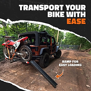 Mockins 500 lb Capacity Anti Tilt Motorcycle Hitch Carrier Set | 73" Dirt Bike Hitch Hauler | Heavy Duty Steel Motorcycle Rack for Hitch | Dirt Bike Hitch Carrier & Ramp, Straps, Stabilizer