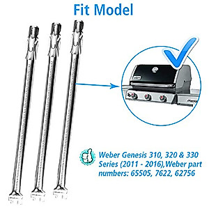 62752 3 Burner Tubes Set for Weber Genesis 300 Series (2011-2016) 19 1/2 inch, Genesis E310 E320 E330 S310 S320 S330 Stainless Steel Gas Grill Burner with Front Control Panel