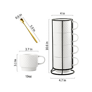 Gomakren Stackable Coffee Mugs Set with Stand, Coffe Cup with Tea Spoon 13 Ounce Cups for Cappuccino Coffee Drinks Tea, Set of 4, White Gift for Man Women 380ml