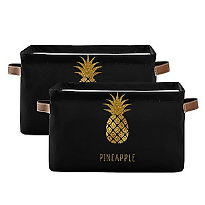 ALAZA Gold Pineapple Black Large Storage Baskets with Handles Foldable Decorative 2 Pack Storage Bins Boxes for Organizing Living Room Shelves Office Closet Clothes