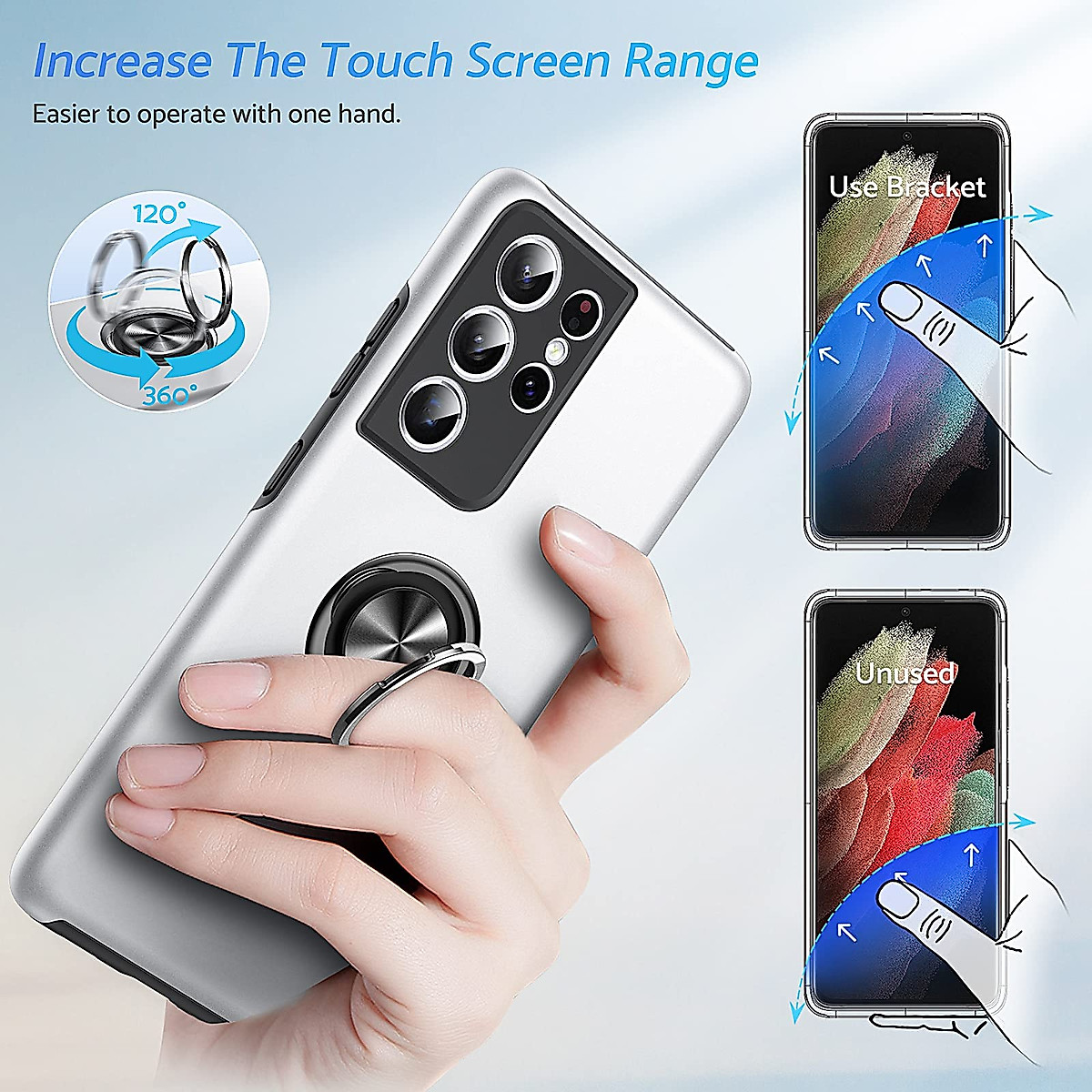 Anqrp Shockproof for Galaxy S21 Ultra Case 5G, [Heat Dissipation] [No Fall-Off Kickstand] 360°Metal Ring Military Grade Protection Phone Case with Samsung Galaxy S21 Ultra 6.8 Inch, Silver