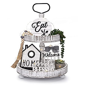 Telihel Tiered Tray Decor Set of 10, Farmhouse Tiered Tray Decorations, Exquisite Relief Design Sign Rustic Table Ornaments with Artificial Succelent Plants, String Lights for Kitchen Home Table Decor