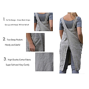 Women’s Pinafore Square Apron Baking Cooking Gardening Works Cross Back Cotton/Linen Blend Dress with 2 Pockets Gray