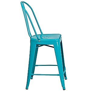 Flash Furniture Commercial Grade 24" High Crystal Teal-Blue Metal Indoor-Outdoor Counter Height Stool with Back