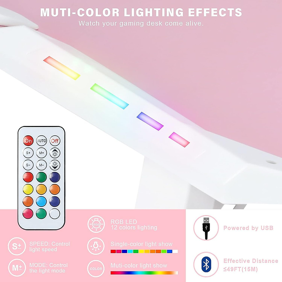 YOUTHUP Pink Gaming Desk with LED Lights, 55" Z Shaped RGB Gaming Computer Table, Ergonomic PC Workstation with Remote Control, Cup Holder, Handle Rack, Headphone Hook, Mouse Pad for Home Office Use