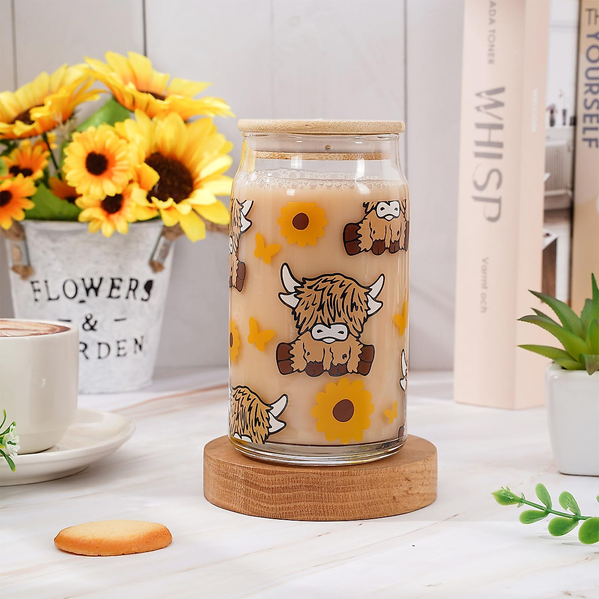Whaline Highland Cow Iced Coffee Cup with Gift Box Brown Cow Sunflower Drinking Glasses Cute Beer Can Glass with Lid Straw Cleaning Brush for Home Office Women Gifts,16oz