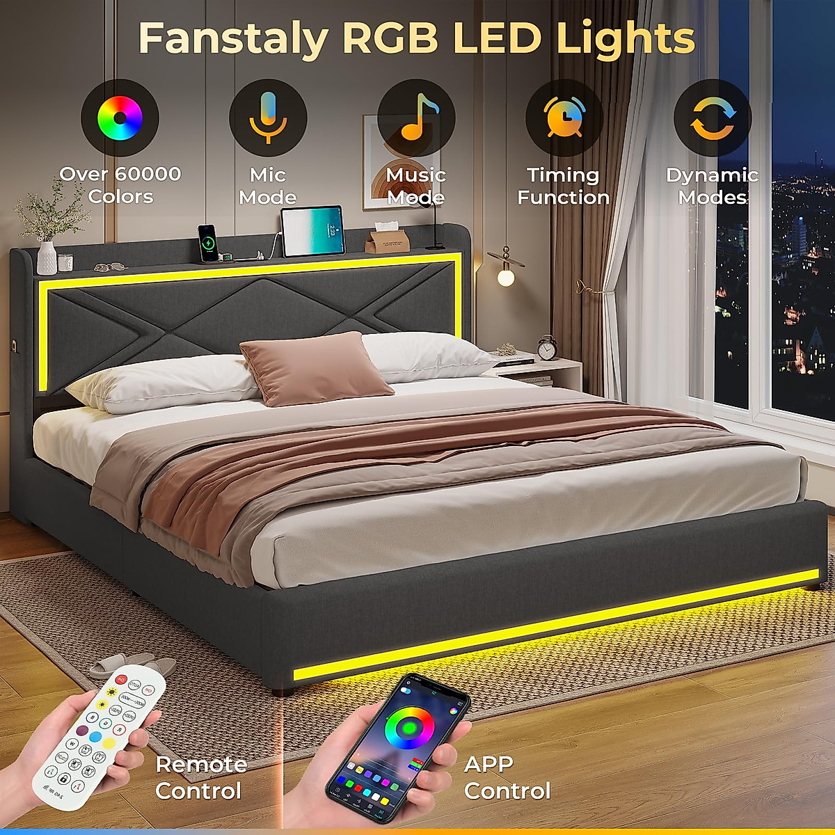 HAUOMS King Size LED Bed Frame with Storage Headboard and Charging Station, Upholstered King Platform Bed Frame with 4 Drawers, Upgraded 2-Row Support Bars, Noise Free, Dark Grey