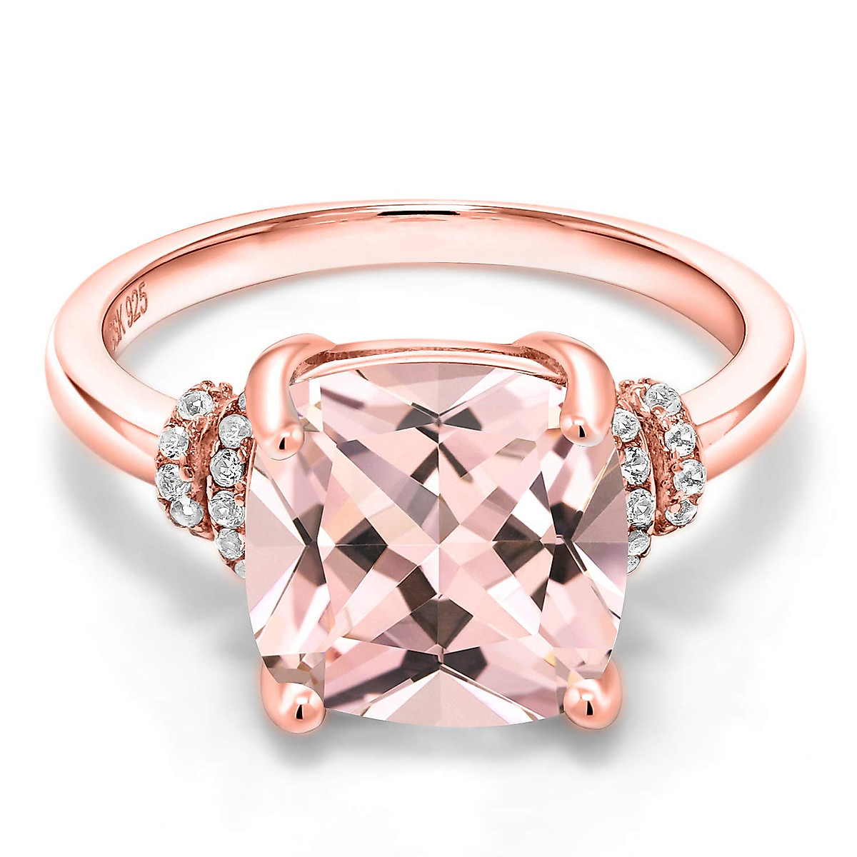 Gem Stone King 18K Rose Gold Plated Silver Peach Simulated Morganite Ring For Women (4.61 Cttw, Cushion Cut 10MM, Available In Size 5,6,7,8,9)