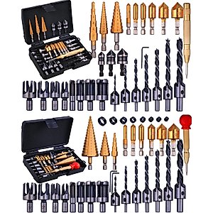 SHITIME 63 Pack Wood Working Chamfer Drilling Tools, 12 Countersink Drill Bit Set, 14 Counter Sinker Drill Bit Set, 16 Plug Cutters for Wood, 6 Step Drill Bits, 8 Drill Stop Bit Collar Set 3 Countersi