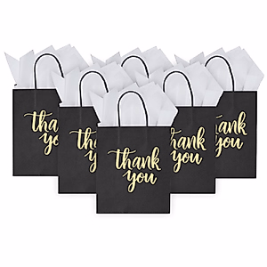 DjinnGlory 50 Pack Medium Black Thank You Paper Bags with Handles and 24 Sheet White Tissue Paper for Small Business, Shopping, Wedding, Baby Shower, Party Favors (Medium 10''x8''x4'', Black)