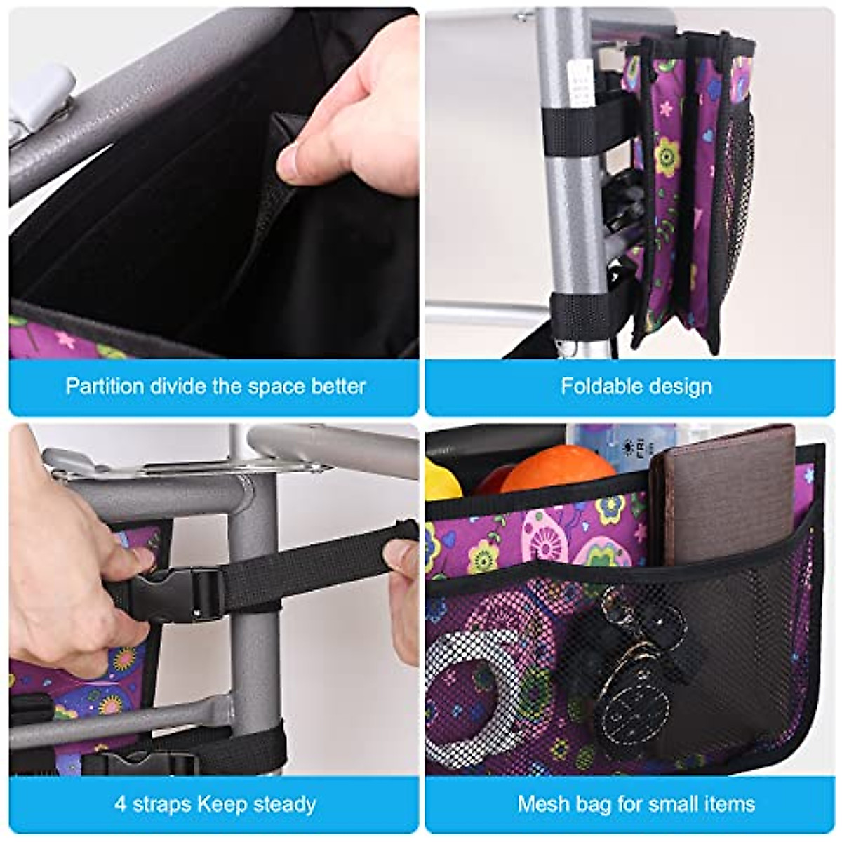 Walker Basket Foldable Walker Storage Bag with Two Split Boards and Six Non-Slip Straps Big Capacity Walker Basket Tote Organizer Never Tipping Over Ideal for Senior, Universal Size (PurpleButterfly)