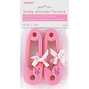 Unique Pink Diaper Pin with Ribbon Girl Baby Shower Favors, 4 Count