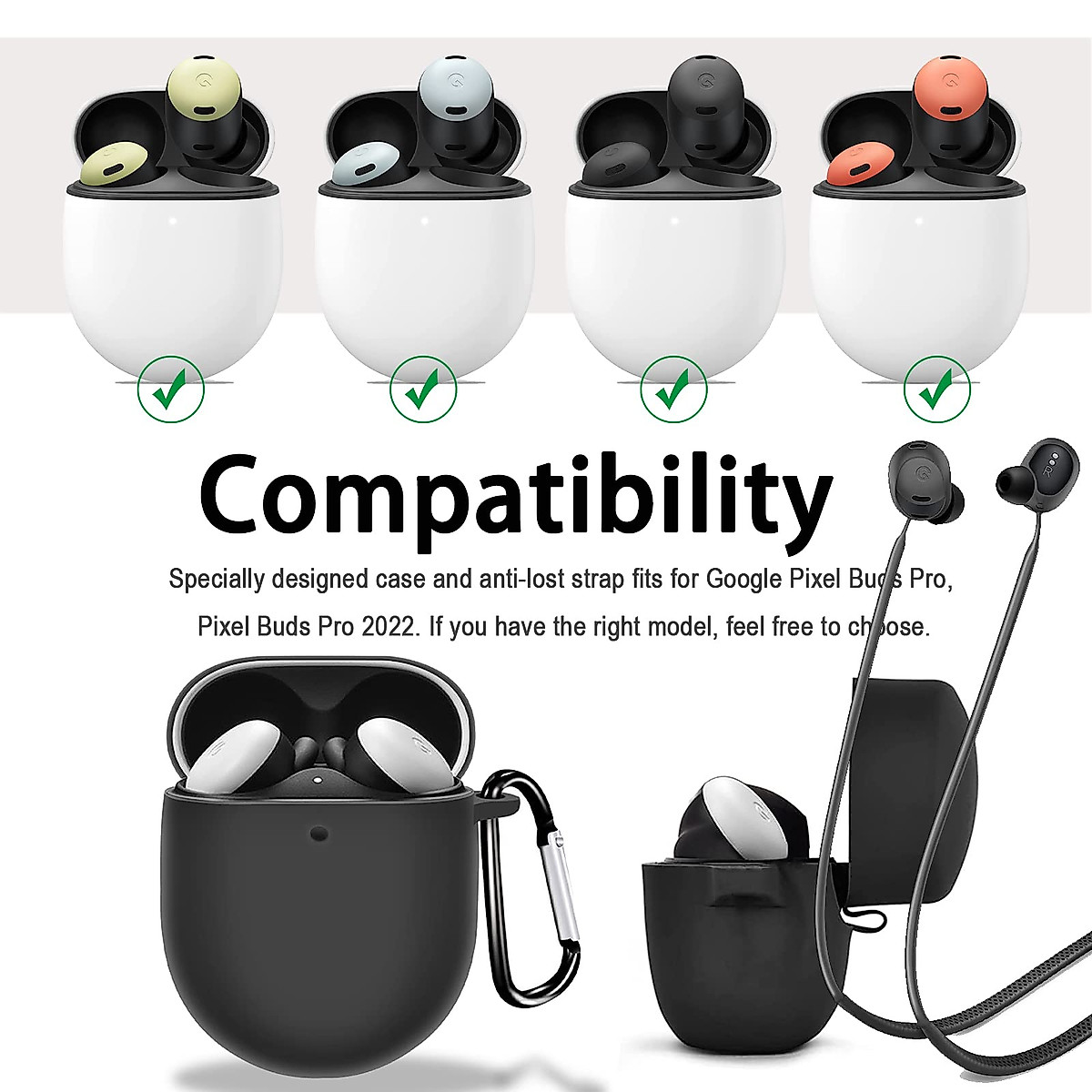 (1+1) Miimall Compatible for Google Pixel Buds Pro Case with Strap, Soft Silicone Keychain Protective Case Cover + Anti-Lost Neck Strap for Pixel Buds Pro 2022 Accessories (Black)