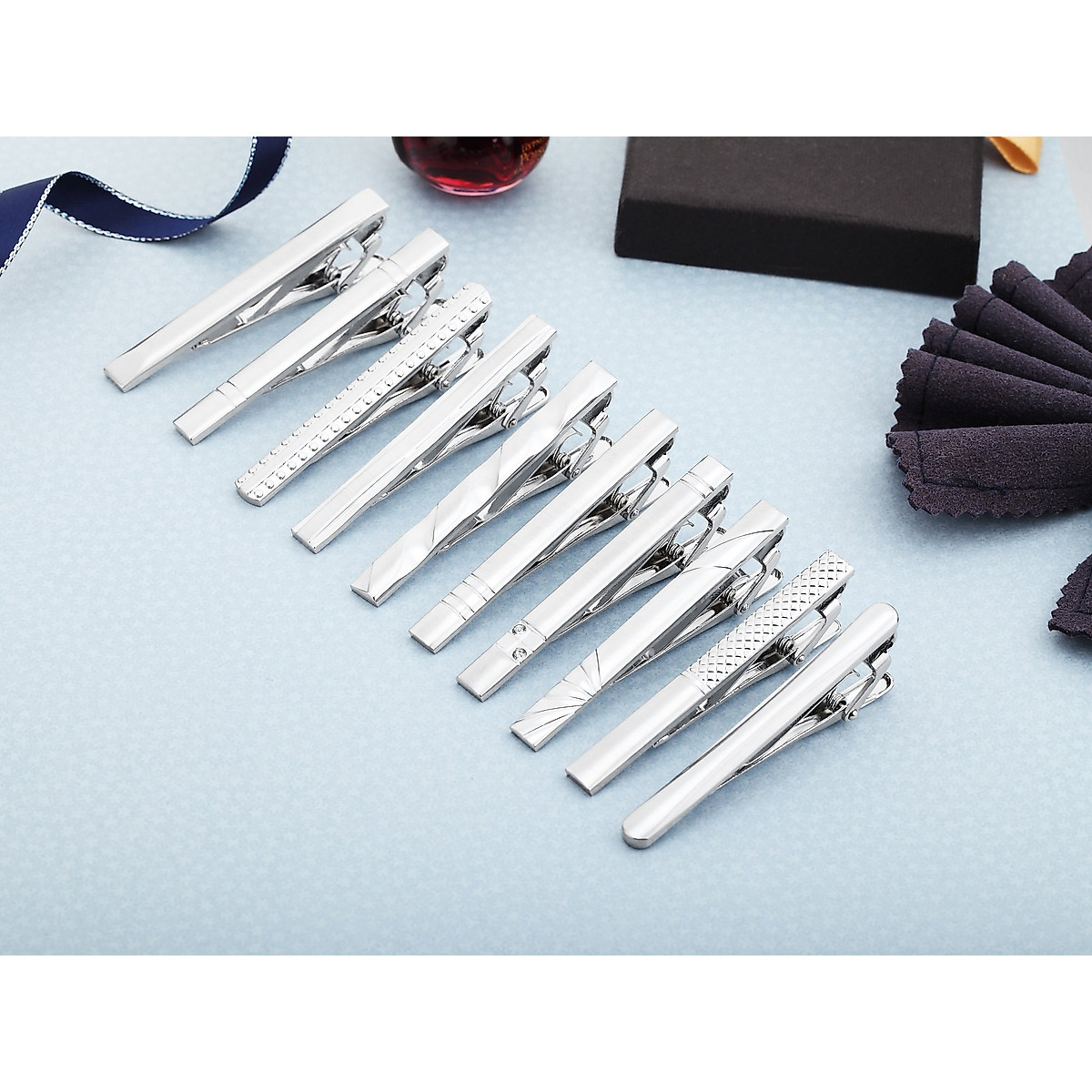 Tie Clip Set of Men Classic Jewelry Gift, 10 Pcs of Silver Tone, 2.3 Inches