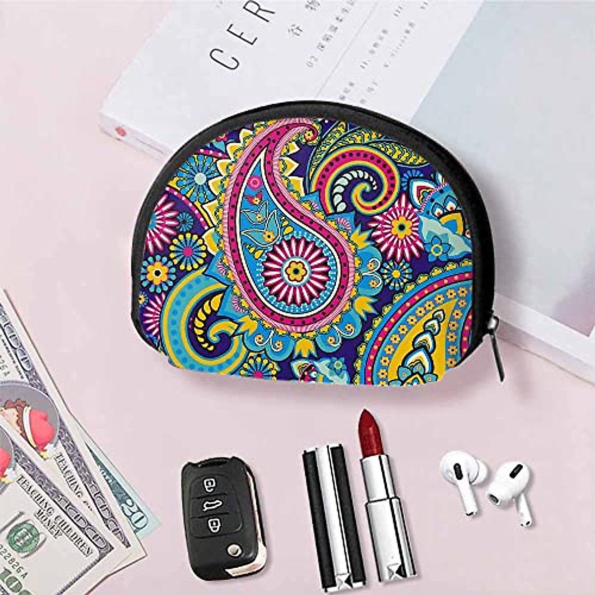 IBILIU Small Coin Purse Navy And Blush Fabric By The Yard Old Fashioned Eastern Floral Paisley Motif Vintage Mini Wallet Coin Pouch Change Purse For Women Men