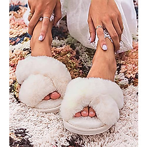 Ankis Women White Fuzzy Fluffy Slippers Soft Cozy Plush Memory Foam Open Toe Slippers for Bedroom, Comfy Cross Band Slippers for Womens House Indoor Size 5 6