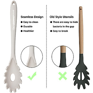 Silicone Cooking Spoons, Heat Resistant Large Silicone Pasta Slotted Spoon Solid Basting Spoon set for Nonstick Cookware, BPA Free Black Kitchen Silicone Spoons set for Mixing, Serving, Draining White