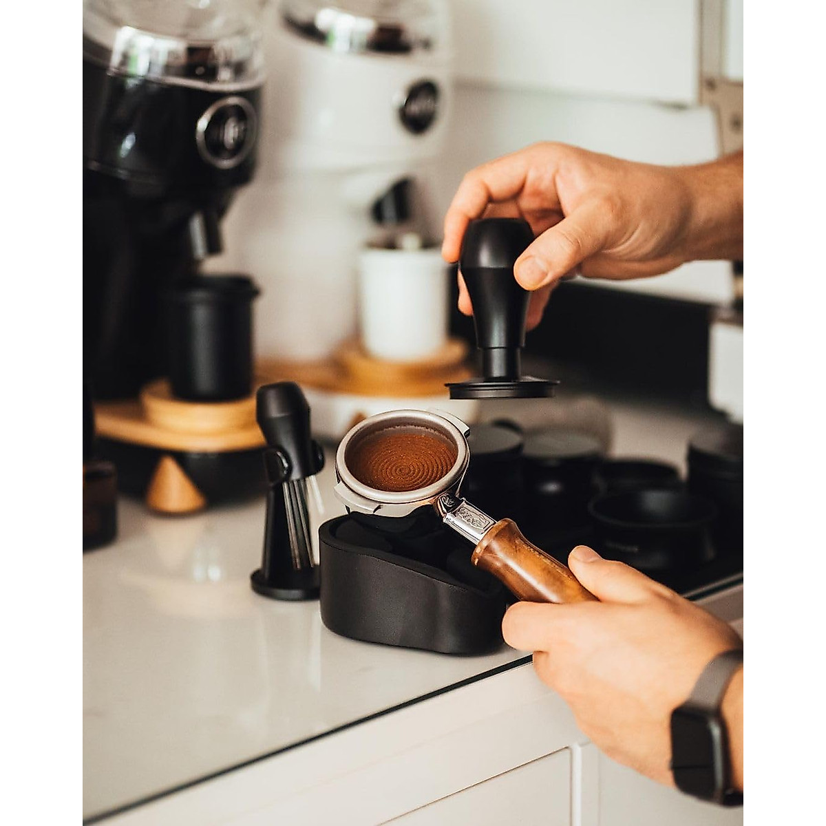 Normcore Portafilter Holder - Bottomless Portafilter Tamping Station - 304 Stainless Steel With Silicon Espresso Holder Tamper Stand Fits 54mm 58mm Espresso Machines Portafilter