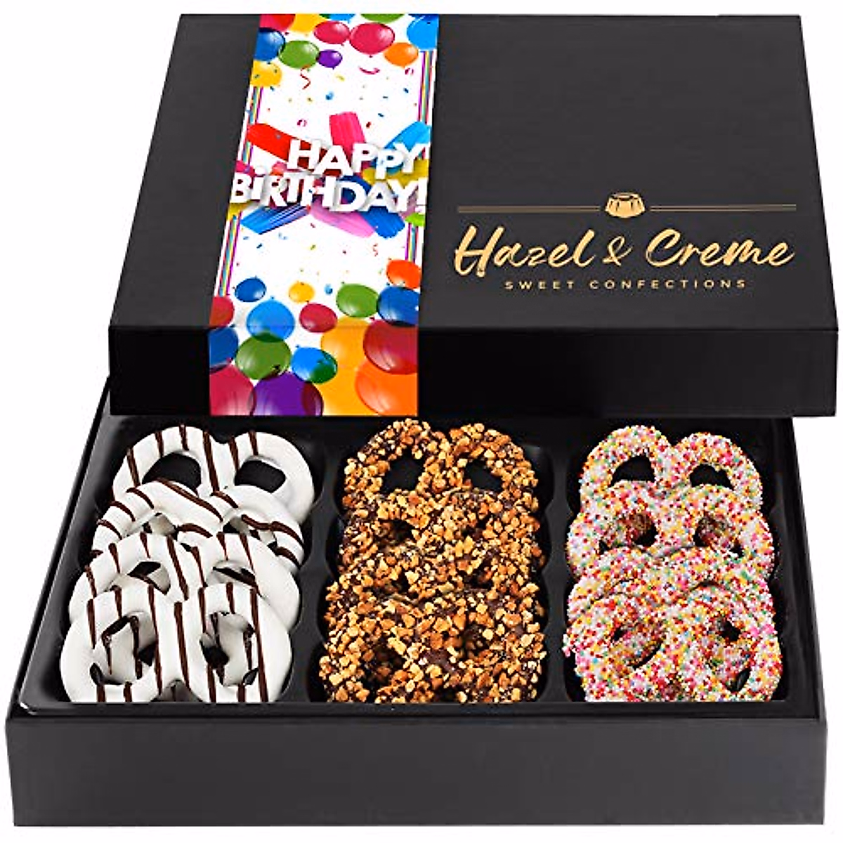 Hazel & Creme Chocolate Covered Pretzels - HAPPY BIRTHDAY Chocolate Gift Box - Birthday Food Gifts - Gourmet Food Gift (Large Box)