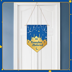 4 Pcs Ramadan Kareem Hanging Door Sign, Eid Mubarak Decorative Ramadan Canvas Sign Party Decorations Welcome Banner for Ramadan Kareem Eid Mubarak Home Door Decor Party Supplies, 14.96 x 11.02 Inch