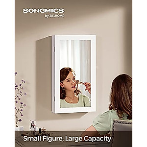 SONGMICS Lockable Jewelry Cabinet Armoire with Mirror, Wall-Mounted Space Saving Jewelry Storage Organizer, White UJJC51WT