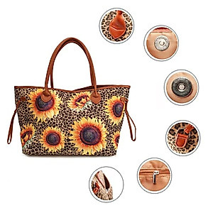 Oversized Tote Handbag Sunflower Purse with Inner Pockets Cheetah Printing Canvas Beach Bag for Women (X-large, leopard sunflower)