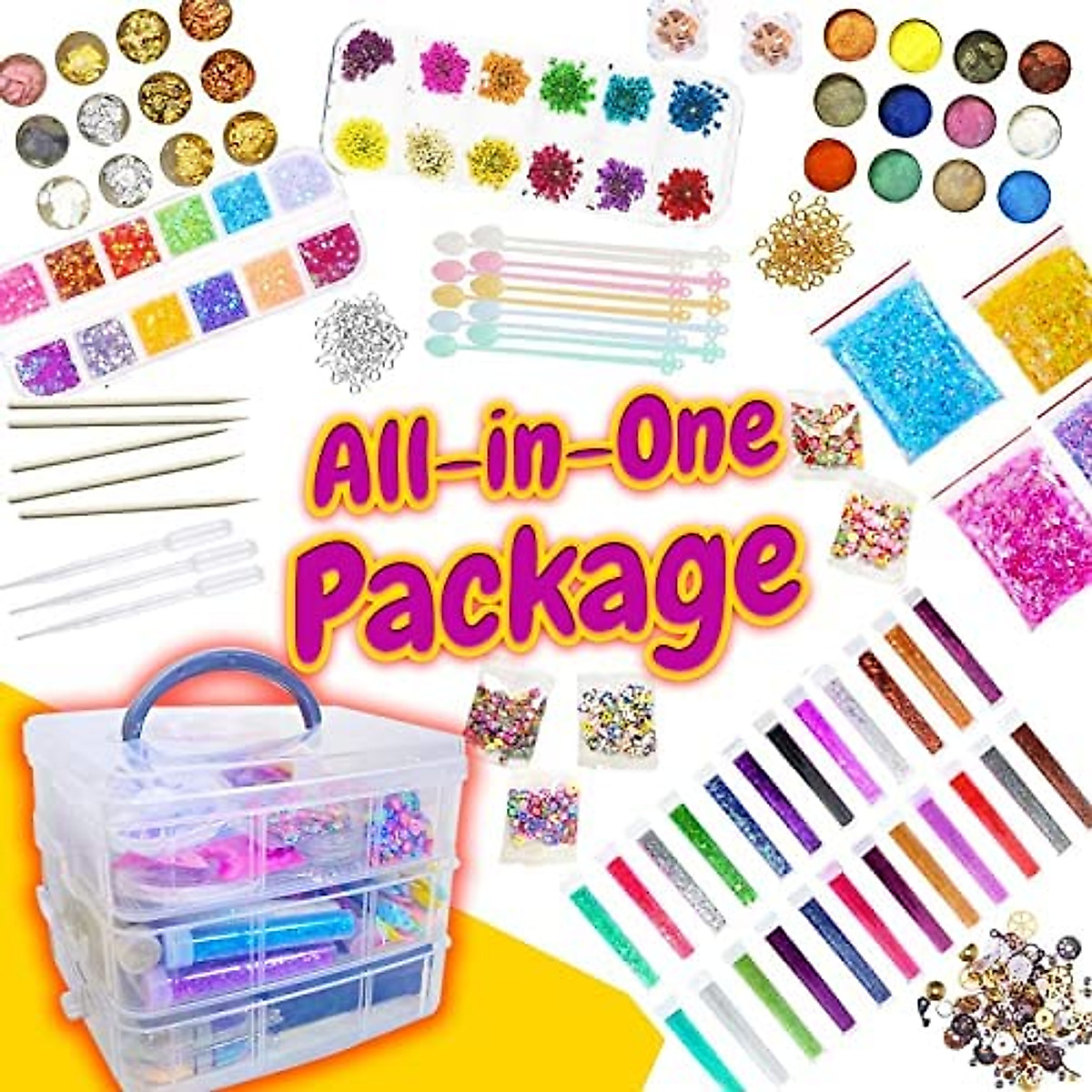 Catcrafter Resin Decoration Accessories Art Kit - All in One Package Resin Molds Silicone Kit Bundle Jewelry Making Supplies for Beginners with Dried Flowers Craft Glitter Nail Gems DIY