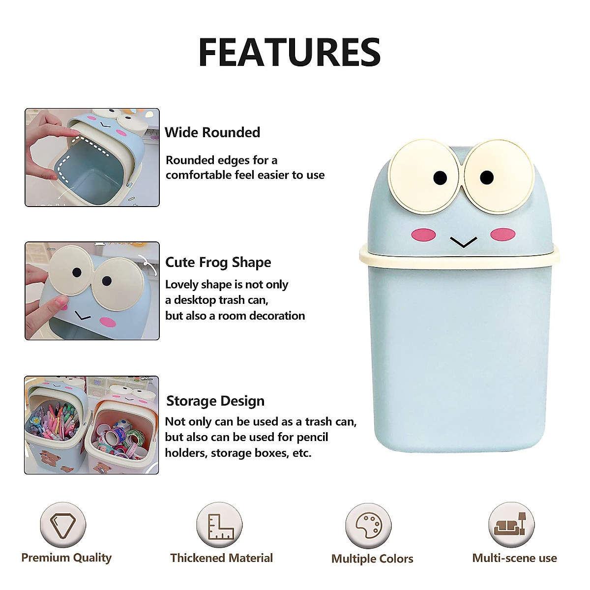 Benshukam Mini Frog Polypropylene Trash Can, Blue, 0.5 Gallon Capacity, 5.9 x 5.9 x 7.48 Inches