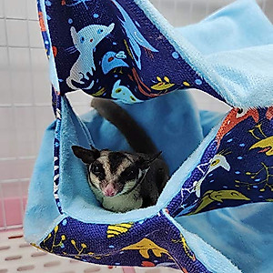 Small Animal Hanging Hammock Pet Swinging Bed 3 Tier Sleep Nap Sack Cage Accessories Kit Set Tunnel Ferret Rat Cave Sugar Glider Hideouts Warm Bedding for Squirrel Guinea Pig (Bluecat Pattern)