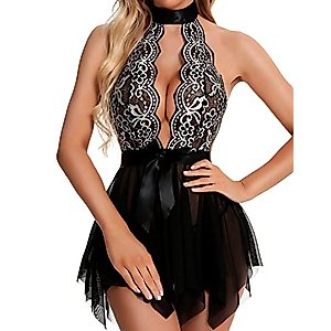 RSLOVE Women Lace Lingerie Babydoll Sexy Chemise Exotic Nightgowns Bridal Nightdress Black L