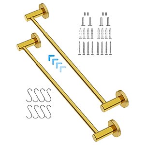 2 Pack Adjustable 16 to 27.6 Inch Single Gold Towel Bar, iMomwee SUS304 Stainless Steel Bath Towel Holder, Wall Mounted Towel Rail for Bathroom Kitchen Washroom, 1" Diameter Towel Rod with S Hooks