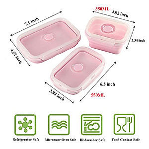 Keweis Silicone Lunch Box Bento Box, Collapsible Folding Food Storage Container with Lids, Kitchen Microwave Freezer and Dishwasher Safe, Set of 3, (Pink)