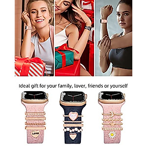 OULRAEFS Apple Watch Band with Charms (iWatch Bands Included) Compatible with Apple Watch Bands 38mm 40mm 41mm Series 8 7 SE 6 5 4 3 2 1 Floral Engraved Silicone Bands with Decorative Ring Loops Accessories, Pink