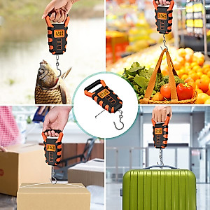 ORIA Digital Fishing Scale with Ruler, Fishing Postal Hanging Hook Scale, 110lb/50kg Waterproof Luggage Scale with Measuring Tape, Luggage Hook, Backlit LCD Display, Orange