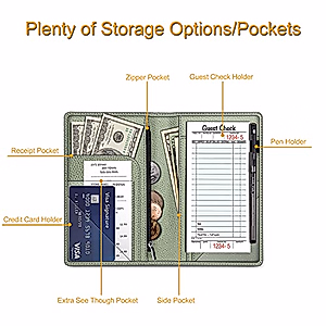 Fintie Server Book Organizer with Zipper Pocket, PU Leather Restaurant Guest Check Presenters Card Holder for Waitress, Waiter, Bartender (Sage Green)