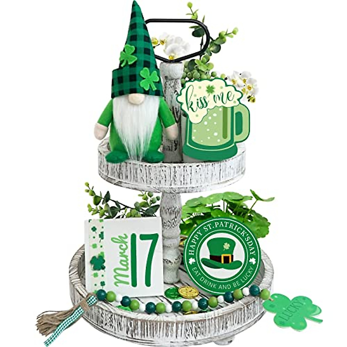 St Patricks Day Decorations, St Patricks Day Gnome Tiered Tray Decor, Shamrock Gnomes Plush,Irish Wood Signs, St Patrick Bead Garland, Rustic Irish Shamrock Items, Happy Saint Patrick’s Day Decor