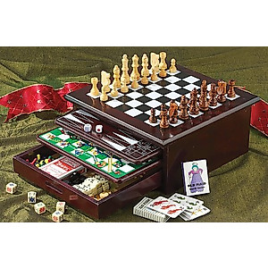 Board Game Set - Deluxe 15 in 1 Tabletop Wood-accented Game Center with Storage Drawer (Checkers, Chess, Chinese Checkers, Parcheesi, TicTacToe, SOlitaire, Snakes and Ladders, Mancala, Backgammon, Poker Dice, Playing Cards, Go Fish, Old Maid, and Dominos)