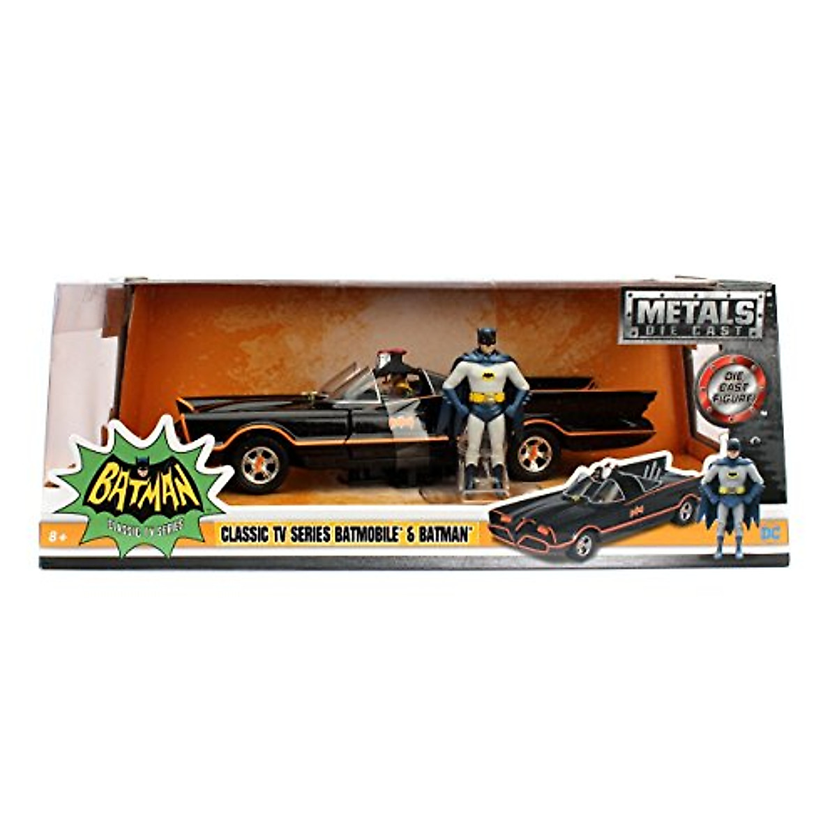 Jada Toys DC Comics 1966 Classic TV Series Batmobile with Batman and Robin figures; 1:24 Scale Metals Die-Cast Collectible Vehicle