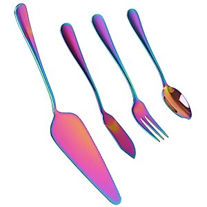 loopki Stainless Steel Flatware Serving Set, Rainbow Silverware Includes Coffee Spoon, Cake Fork, Butter Knife, Cake Server