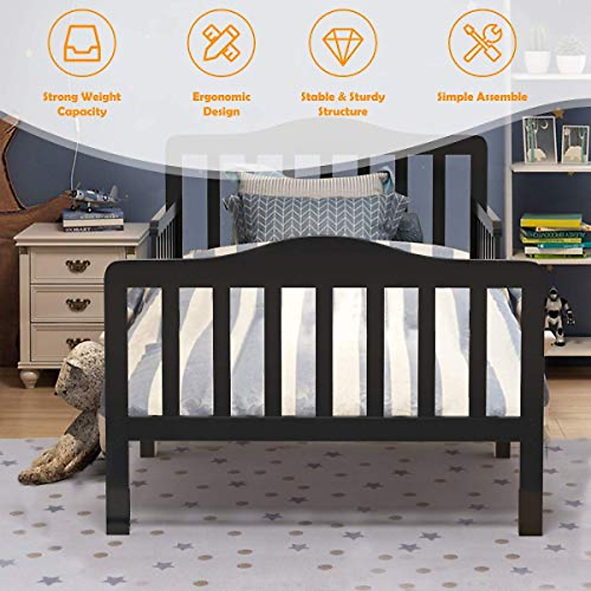 Costzon Toddler Bed, Classic Wood Kids Bed Frame w/Double Safety Guardrail, Low to Floor Design, Wooden Slat Support, Fits Full Size Crib Mattress, Bedroom Furniture for Boys & Girls (Black)