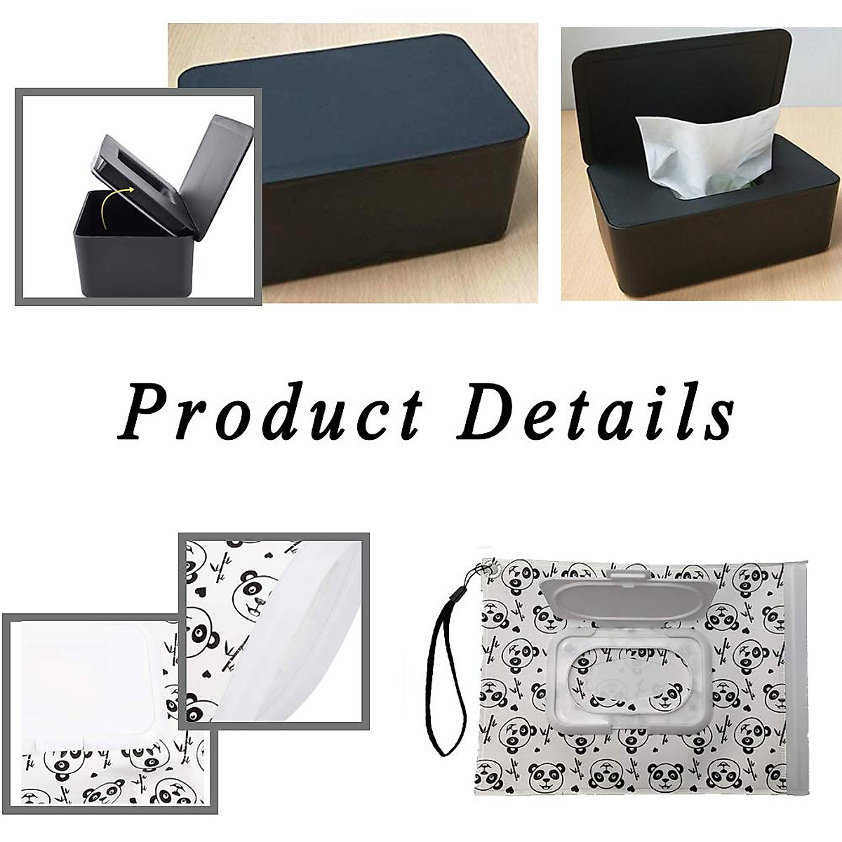 Baby Wipes Dispenser, Paper Tissues Portable Reusable Container Holder Pouch with Lids, for Napkin Nappy Paper Tissues Towel, Wipes Box Bag, Black, Panda Print