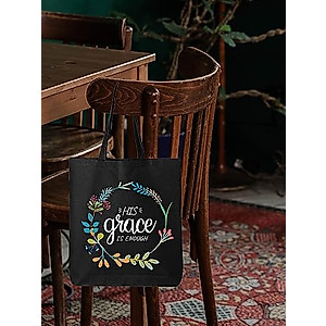 shop4ever His Grace is Enough Christian Floral Eco Cotton Tote Reusable Shopping Bag Black ECO 1