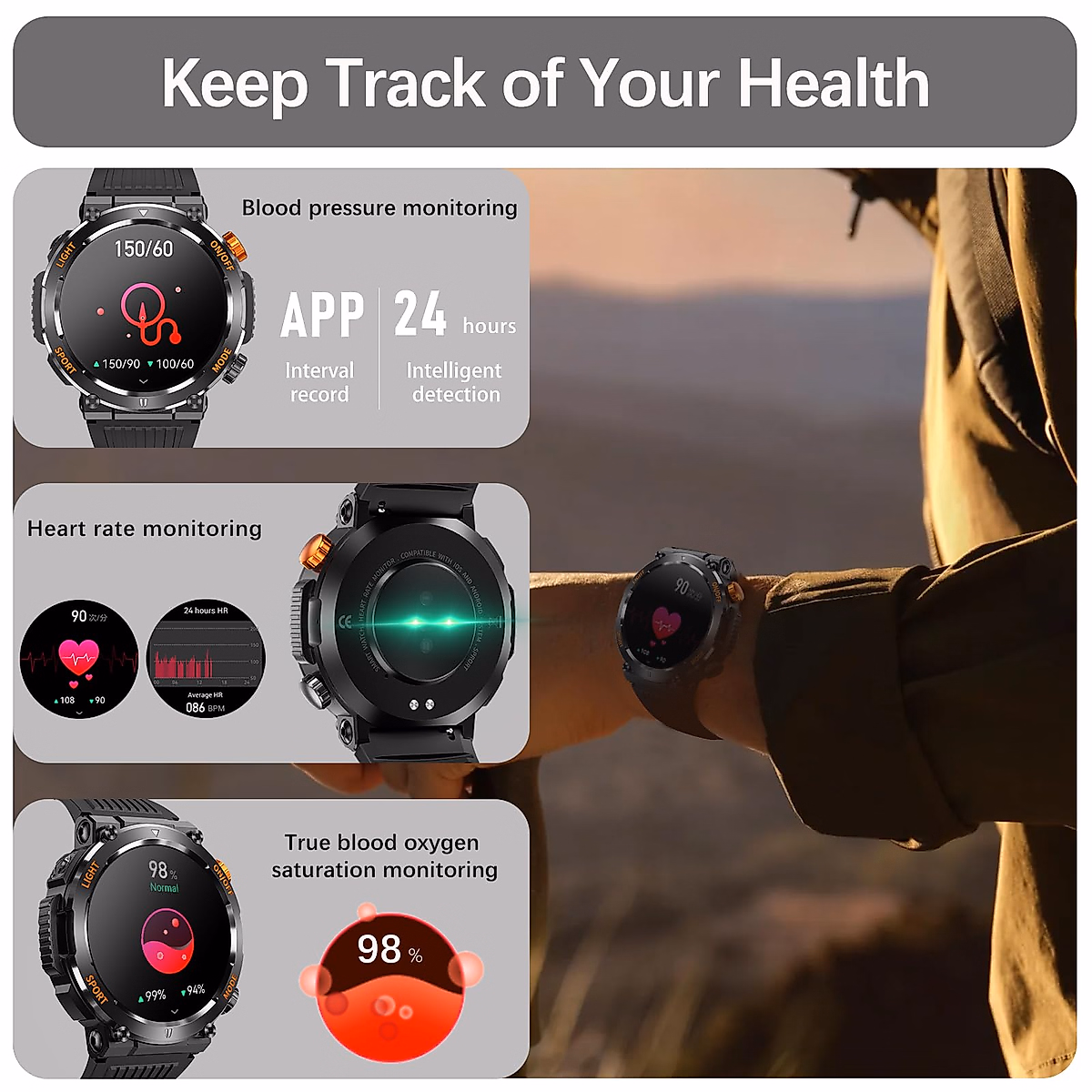 Military Smart Watch for Men Answer/Make Call, Outdoor Waterproof Tactical Sports Smartwatch with LED Flashlight Compass, Heart Rate Sleep Monitor Fitness Tracker Watches for iPhone Android Phone