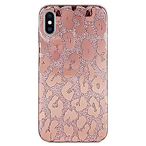 J.west iPhone Xs Max Case 6.5-inch, Luxury Saprkle Bling Glitter Leopard Print Design Soft Metallic Slim Protective Phone Cases for Women Girls TPU Silicone Cover Case Rose Gold