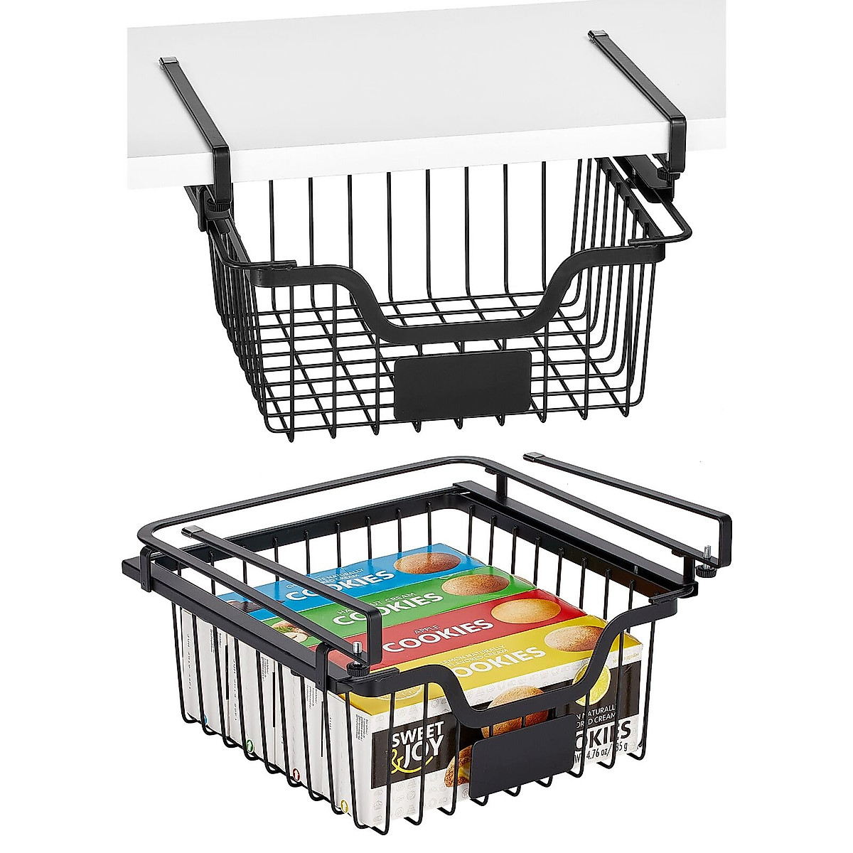 mDesign Wire Under Shelf Organizer for Cabinet - Sliding Basket for Under Cabinet Shelf - Hanging Organizer Rack for Kitchen and Pantry with Label Space - Carson Collection - 2 Pack - Matte Black