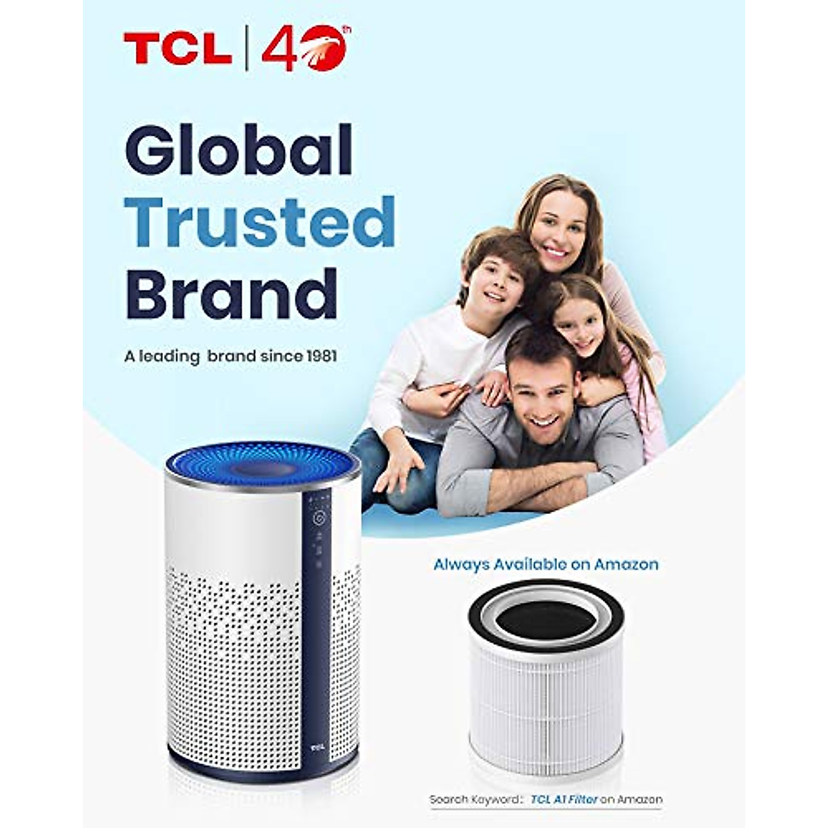TCL Air Purifier for Home Room Bedroom True H13 HEPA Air Filter Remove 99.97% Smoke Odor Pet Dander Dust Pollen Mold Air Cleaner Metal Design with Night Light