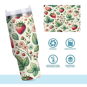 Jihqo Strawberrys and Leafs 40 oz Stainless Steel Vacuum Insulated Tumbler with Handle and Straw Lid, Leakproof Water Bottle Double Wall Travel Mug Coffee Cup, Cupholder Friendly