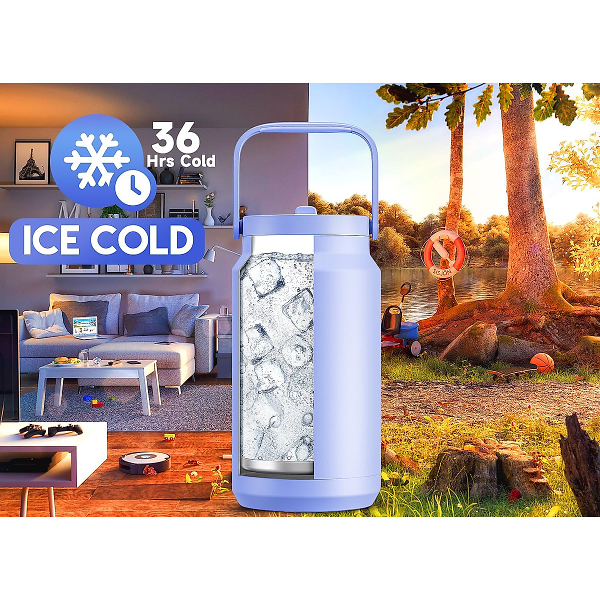 Meoky 50 oz Tumbler with Handle, Stainless Steel Vacuum Insulated Water Bottle, Keeps Cold for 36 Hours, 100% Leak Proof, BPA-free, Non-slip Base (Lilac)